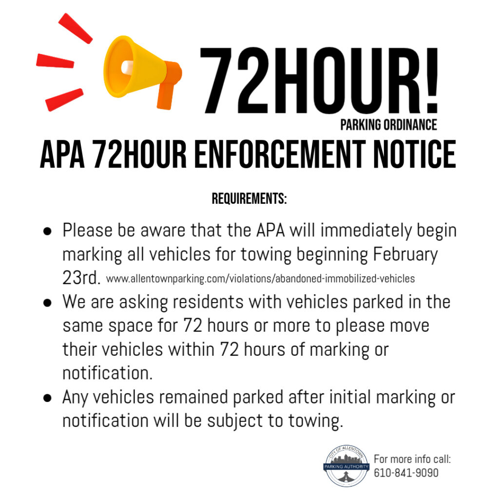 72 Hour Enforcement Notice 02/17/2026 - Allentown Parking Authority ...